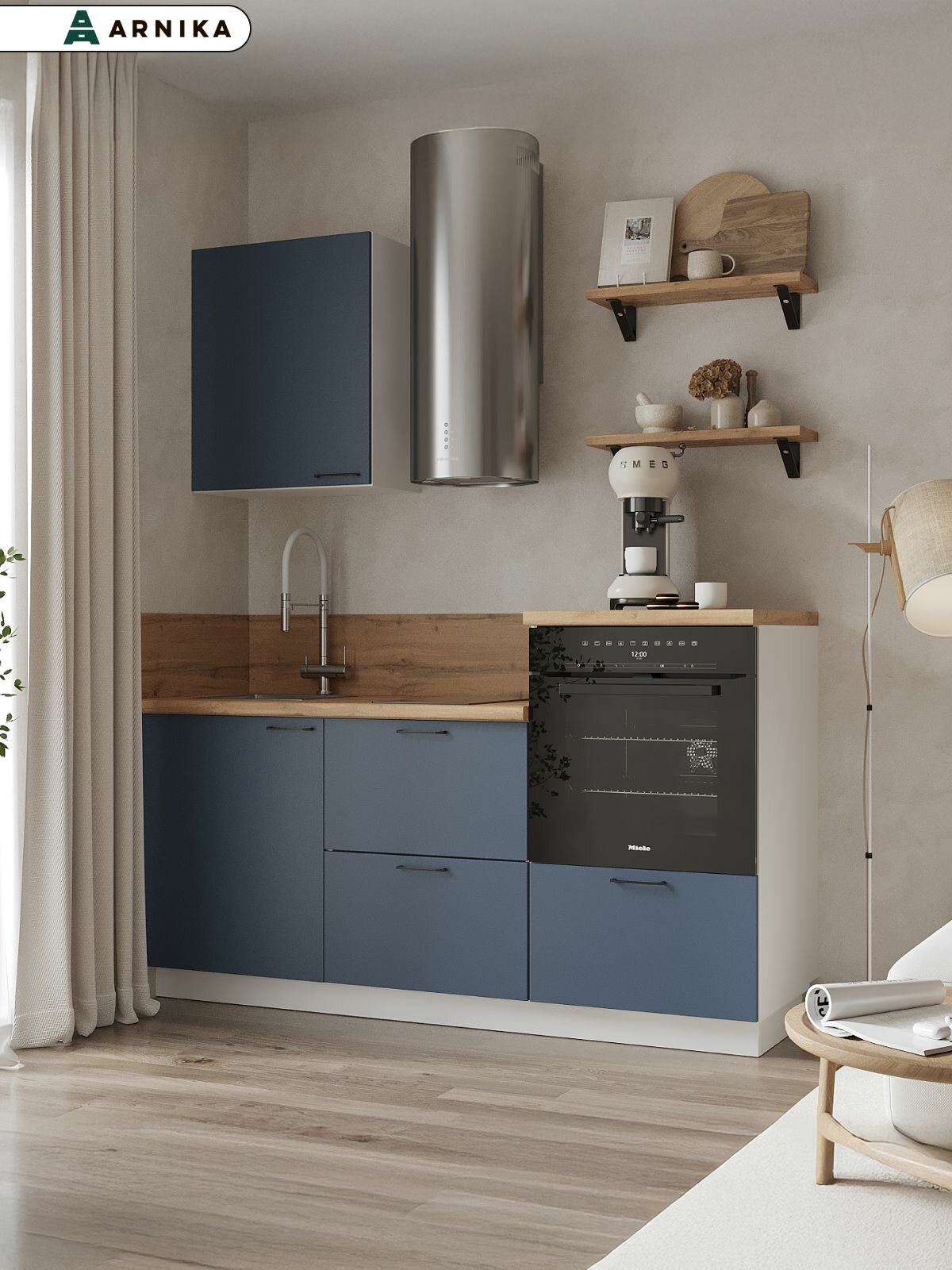 ARNIKA Кухонный гарнитур со столешницей "Дакия" 1,8м х 2,4м, цвет ежевика (синий), фасад пленка ПВХ