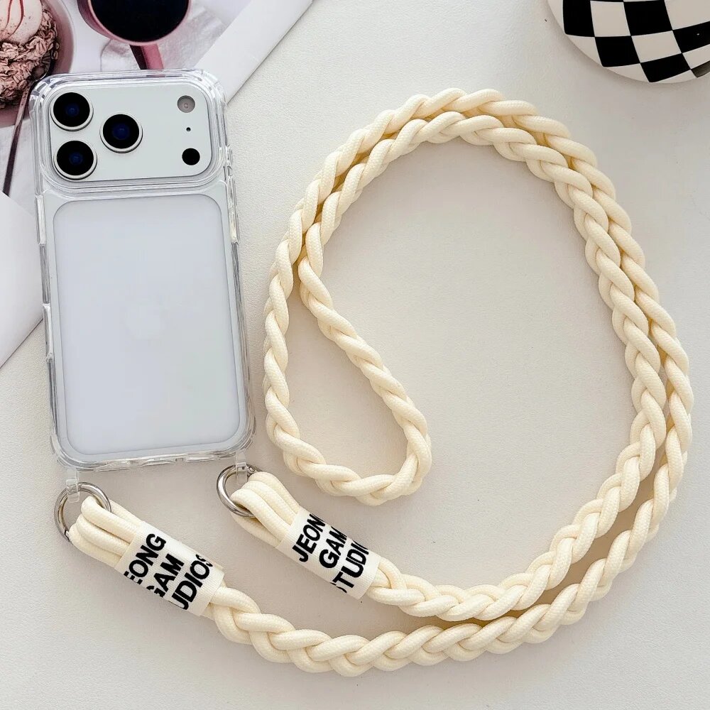 Прозрачный чехол через плечо с длинным ремешком для iPhone 17 16 Pro Max Air 12 13 Mini 14 15 Plus XR XS, акриловый чехол на ремешке Айфон 14 Про Макс, Cream