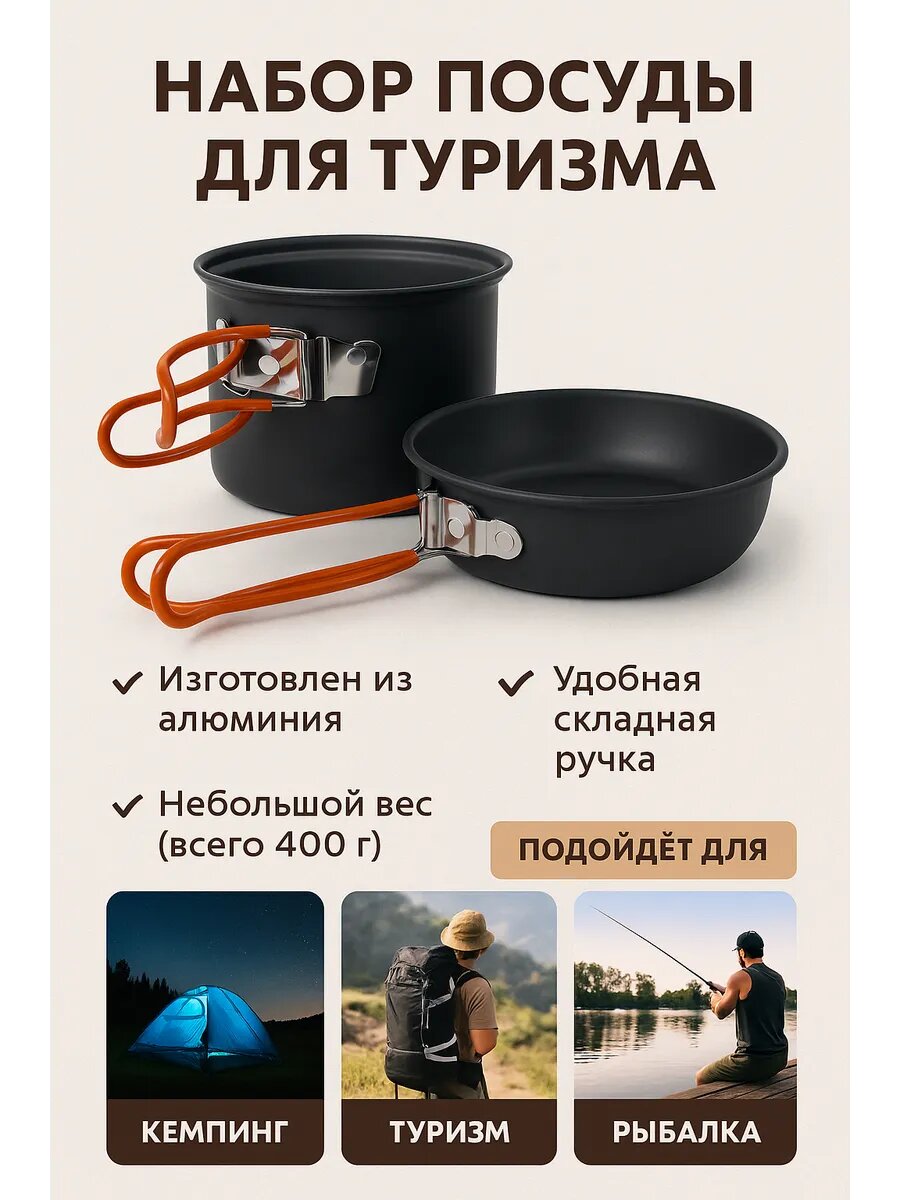 Набор посуды для похода, кемпинга, Туристической набор посуды из 2 предметов, цвет серый