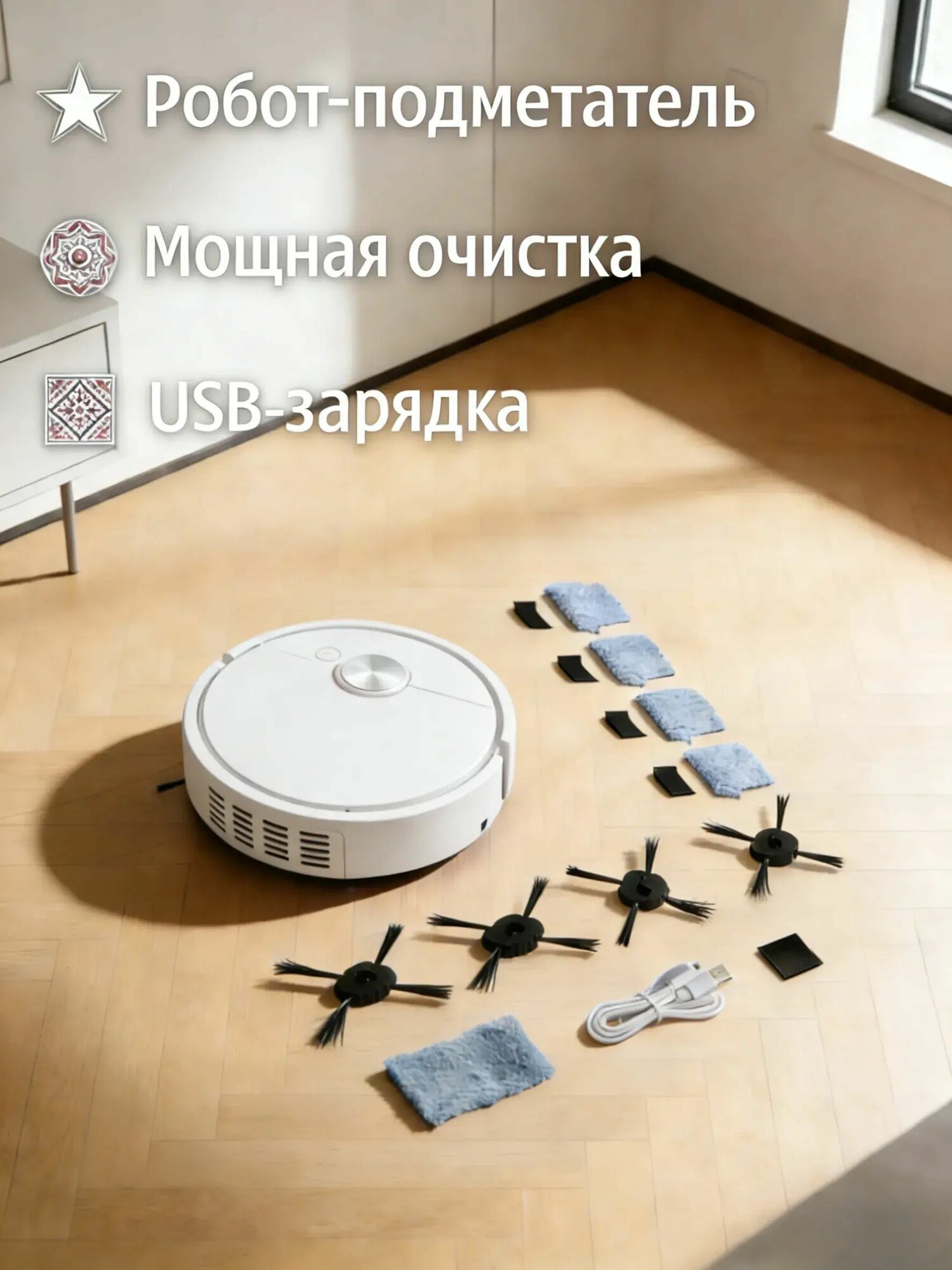 Умный бытовой пылесос-робот-подметальщик +4 тряпки + 5 щеток