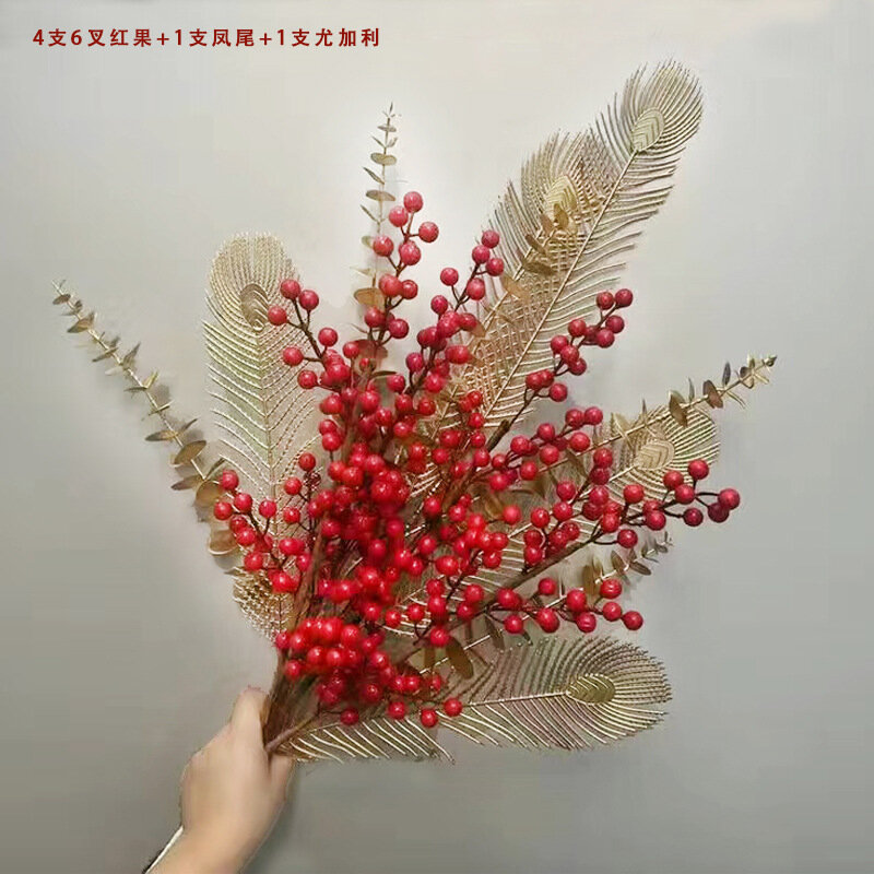 Горячая распродажаГорячая продажа 3-конечного веера, лист гинкго, искусственный цветок, золотая удача, красные плоды, зимнее зеленое украшение для новоселья, декор для гостиной