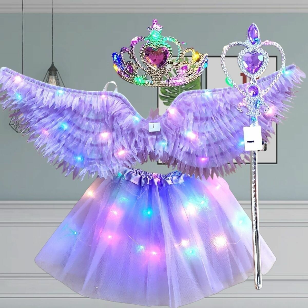 2026 Новейшие светящиеся ангельские крылья для маленькой девочки, бабочка, задняя декорация, мигающая игрушка, чудесная фея, волшебная палочка, цветочная фея, четырехкомпонентный набор