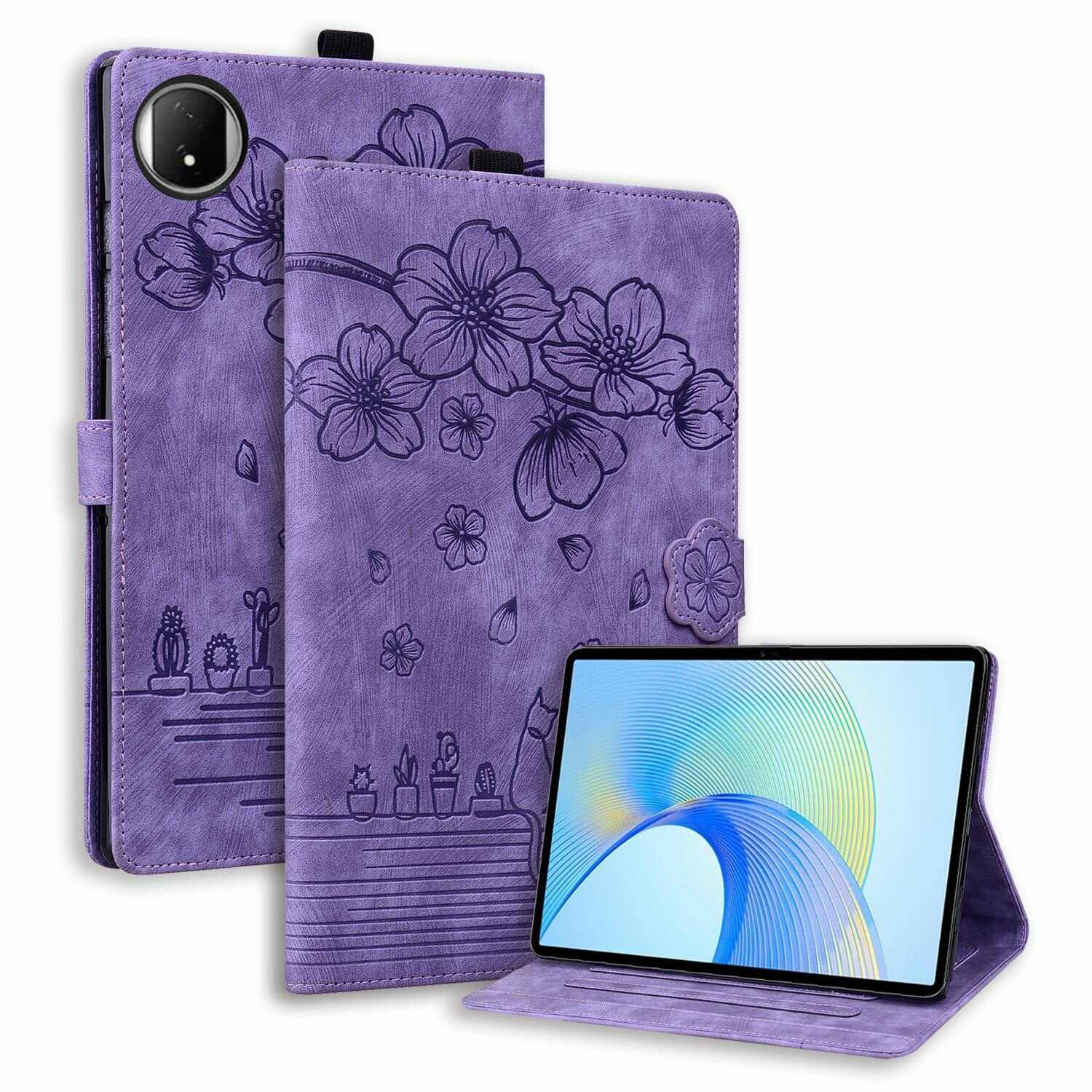Обложка для Honor pad X7 8.7-дюймового планшета Магнитная крышка Защитная крышка , зеленый Цветущая вишня и кошки