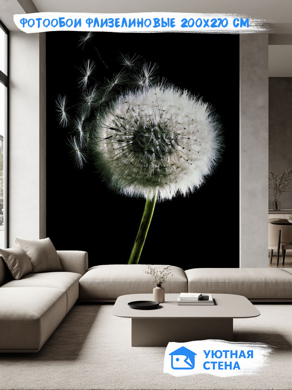 Фотообои Уютная стена "На чёрном фоне одинокий одуванчик", флизелиновые, 200х270 см