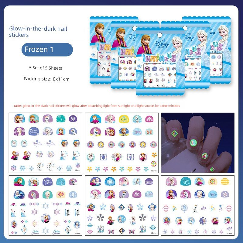 Новые ночные светящиеся наклейки для ногтей Disney Frozen для девочек - 5 штук, безвредные, светятся в темноте