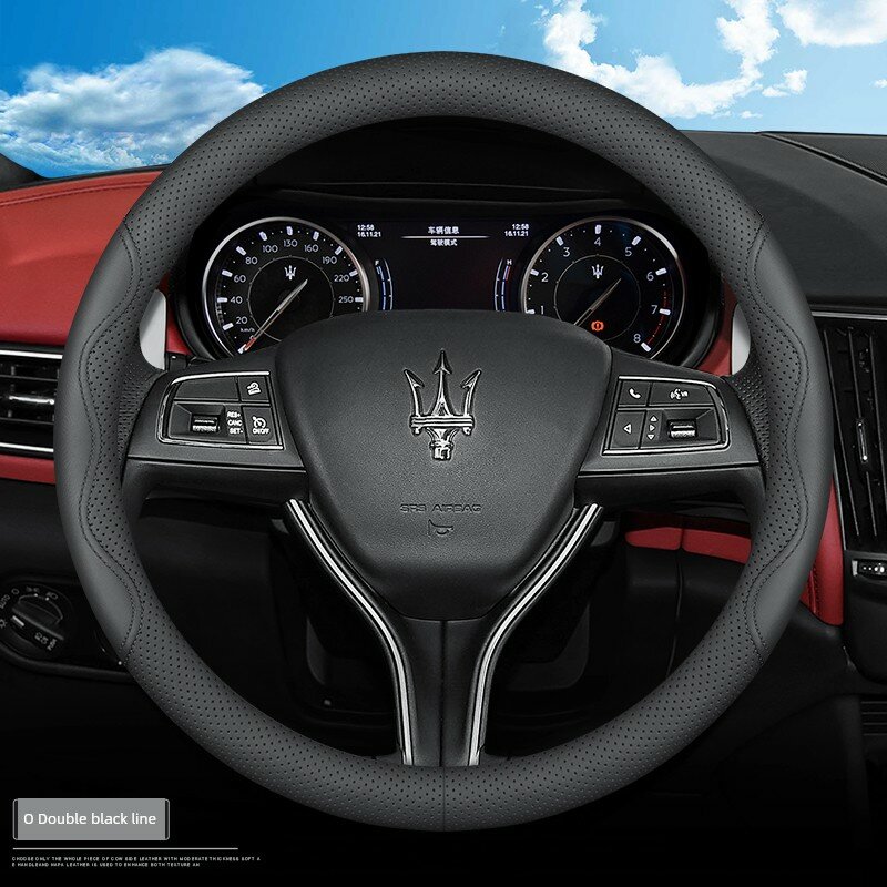 Кожаный чехол на рулевое колесо Maserati для моделей Ghibli Levante Quattroporte - без логотипа с двойными черными