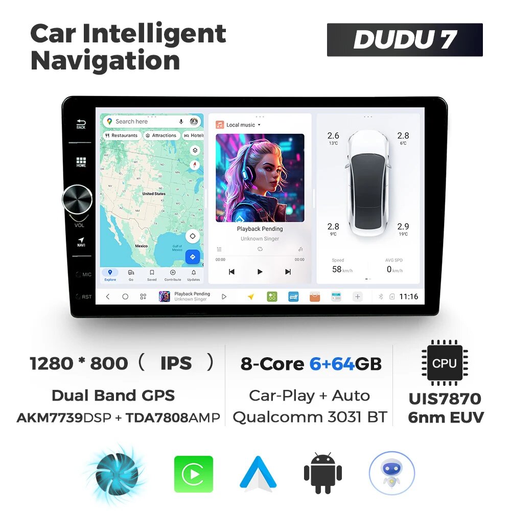 DUDUAUTO DUDU7 7870 9-дюймовый QLED-экран с ручкой Carplay Dual GPS DTS Android 13 DUDU7-6-64-9D