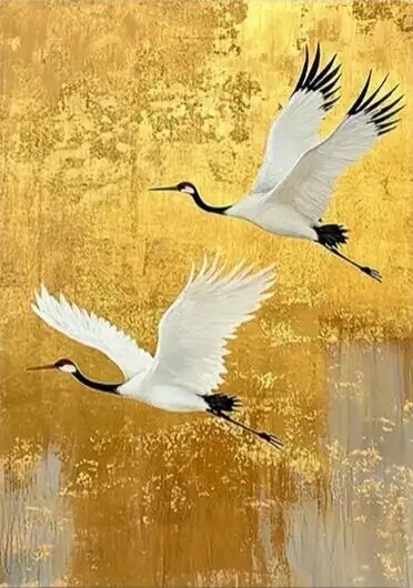 Живописная картина "Два красных короны журавля на золотом фоне" 30x40cm(No Frame)