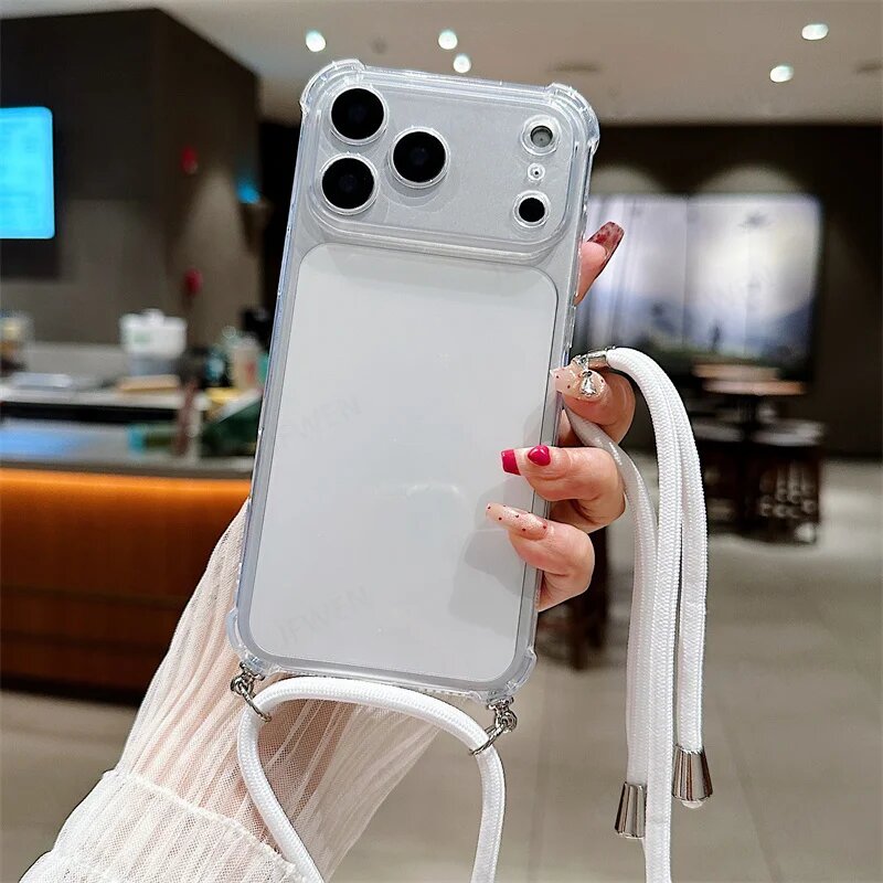 Противоударный чехол с ремешком через плечо для iphone 17 Air 16E 15 14 13 Айфон 16 Про Макс, White