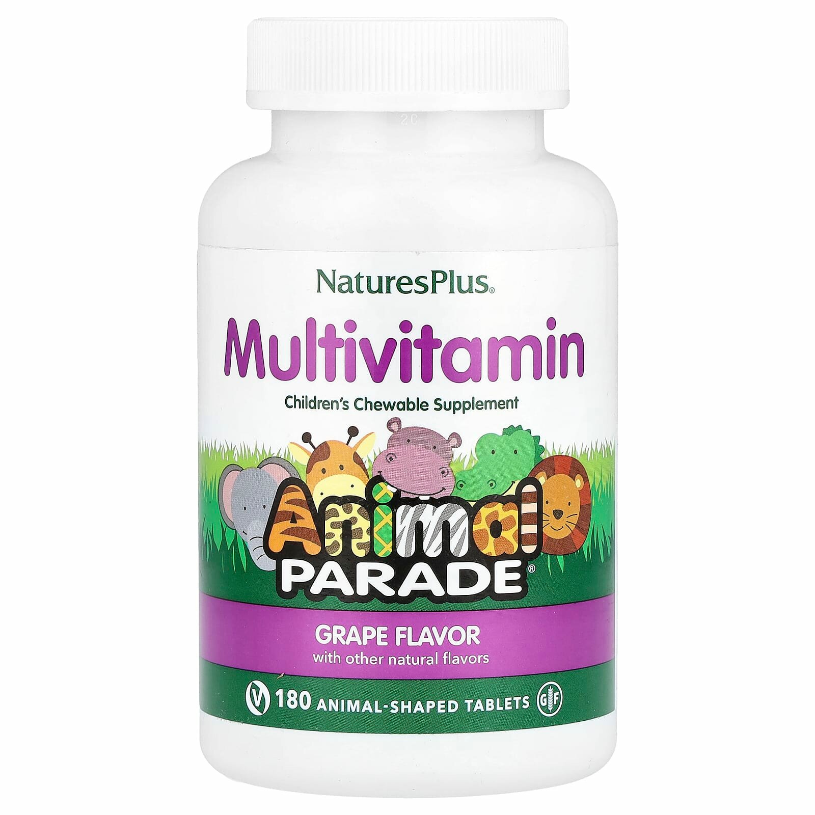NaturesPlus, Animal Parade, жевательные мультивитамины для детей, со вкусом винограда, 180 таблеток в форме животных