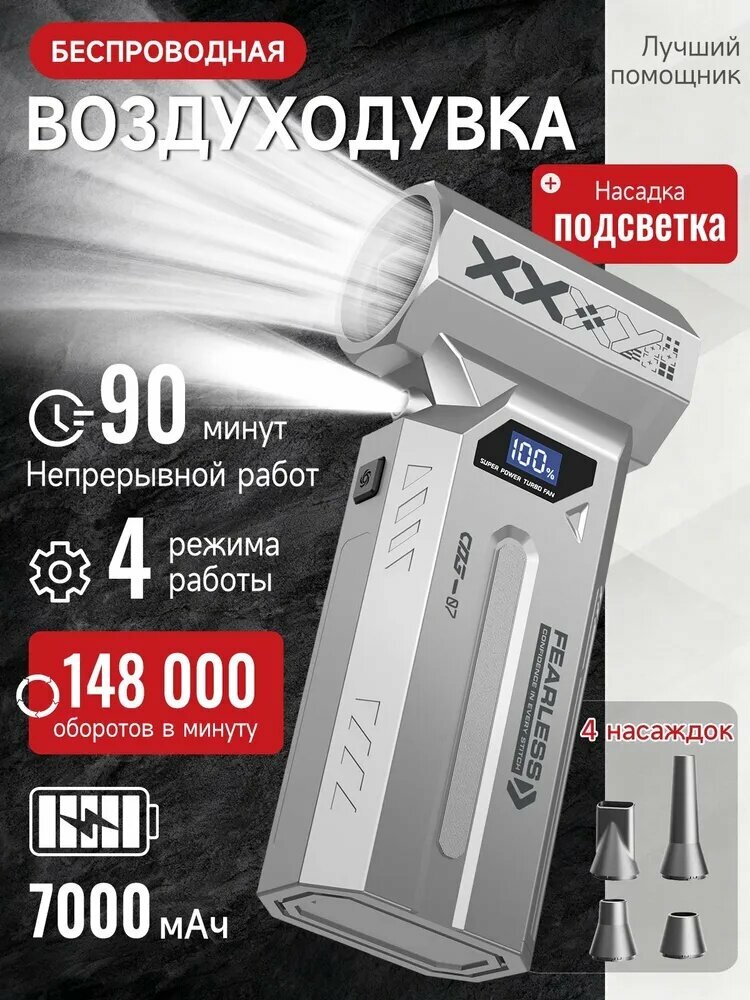 Пылесос/воздуходувка, аккумуляторный, портативное, серебристый, с LED-подсветкой
