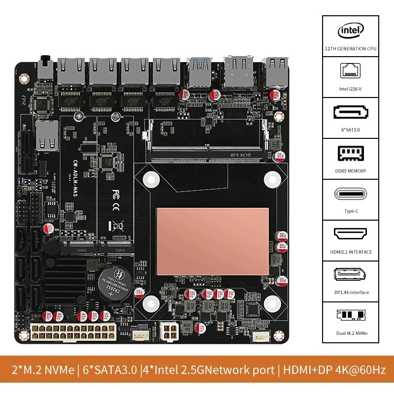 N100 6-контактная материнская плата NAS 4x 2,5Gсетевая карта 6x SATA3.0 2x M.2 NVMe DDR5 17x17 Mini ITX Материнская плата с PCIE DIY NAS