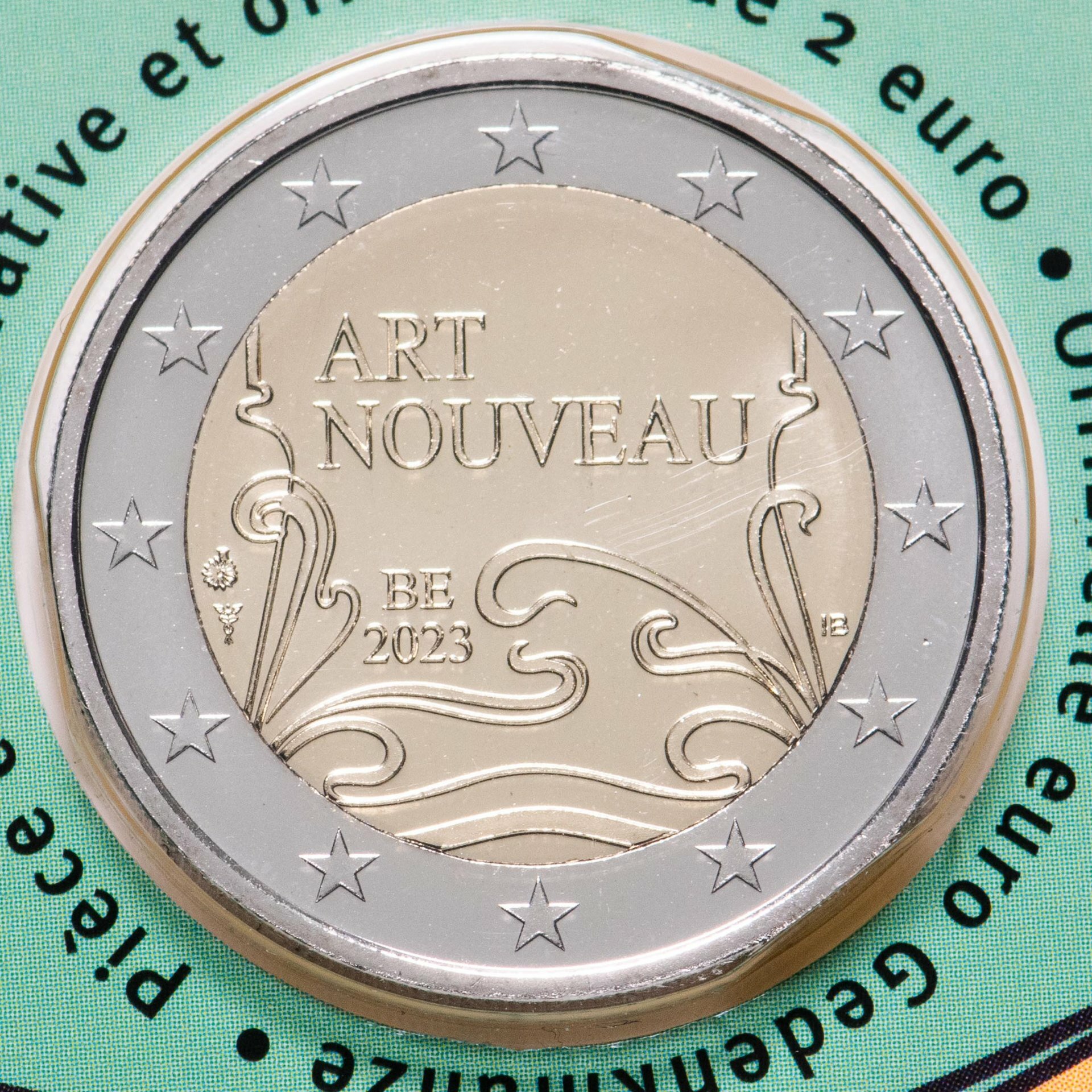Бельгия 2 евро 2023 "130 лет стилю ар-нуво в Бельгии" на французском языке, в блистере, Биметалл, в сохранности UNC