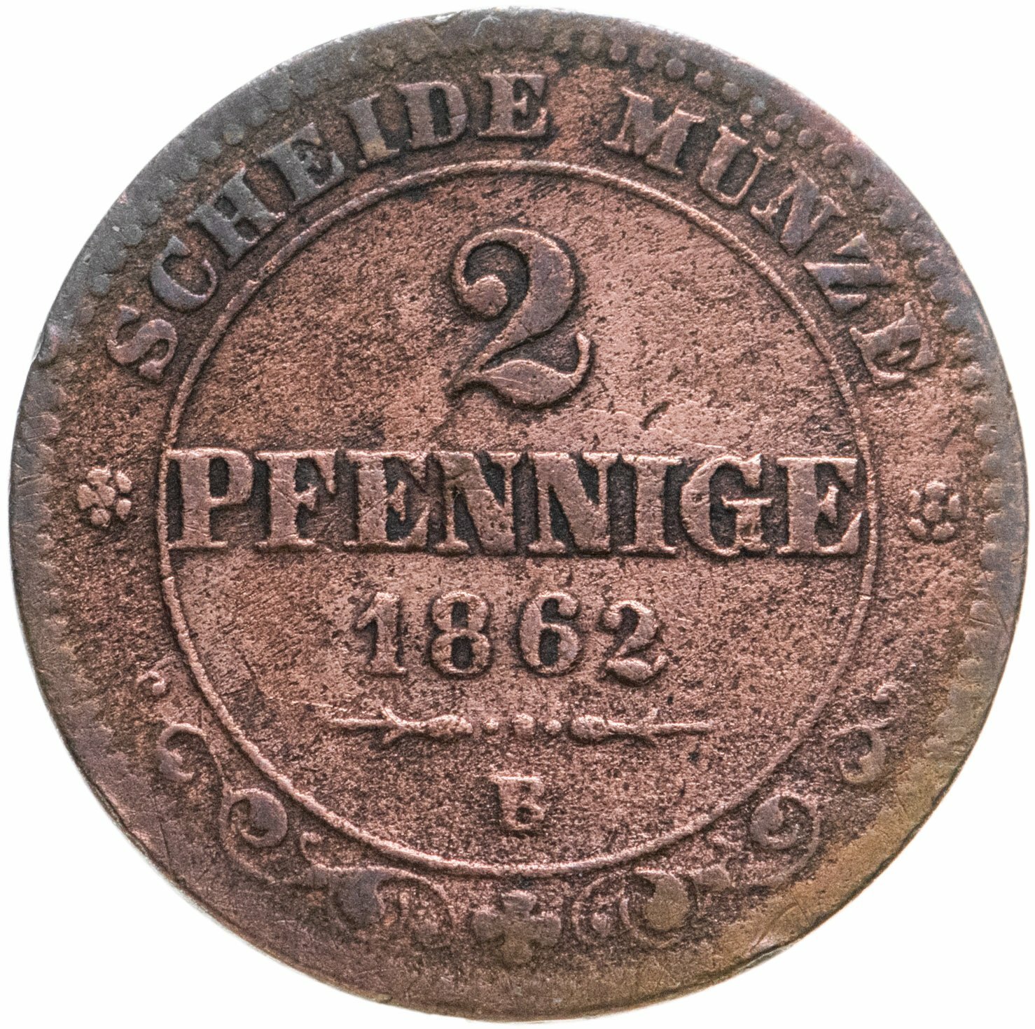 Германия, Саксония 2 пфеннига 1862, Медь, в сохранности F