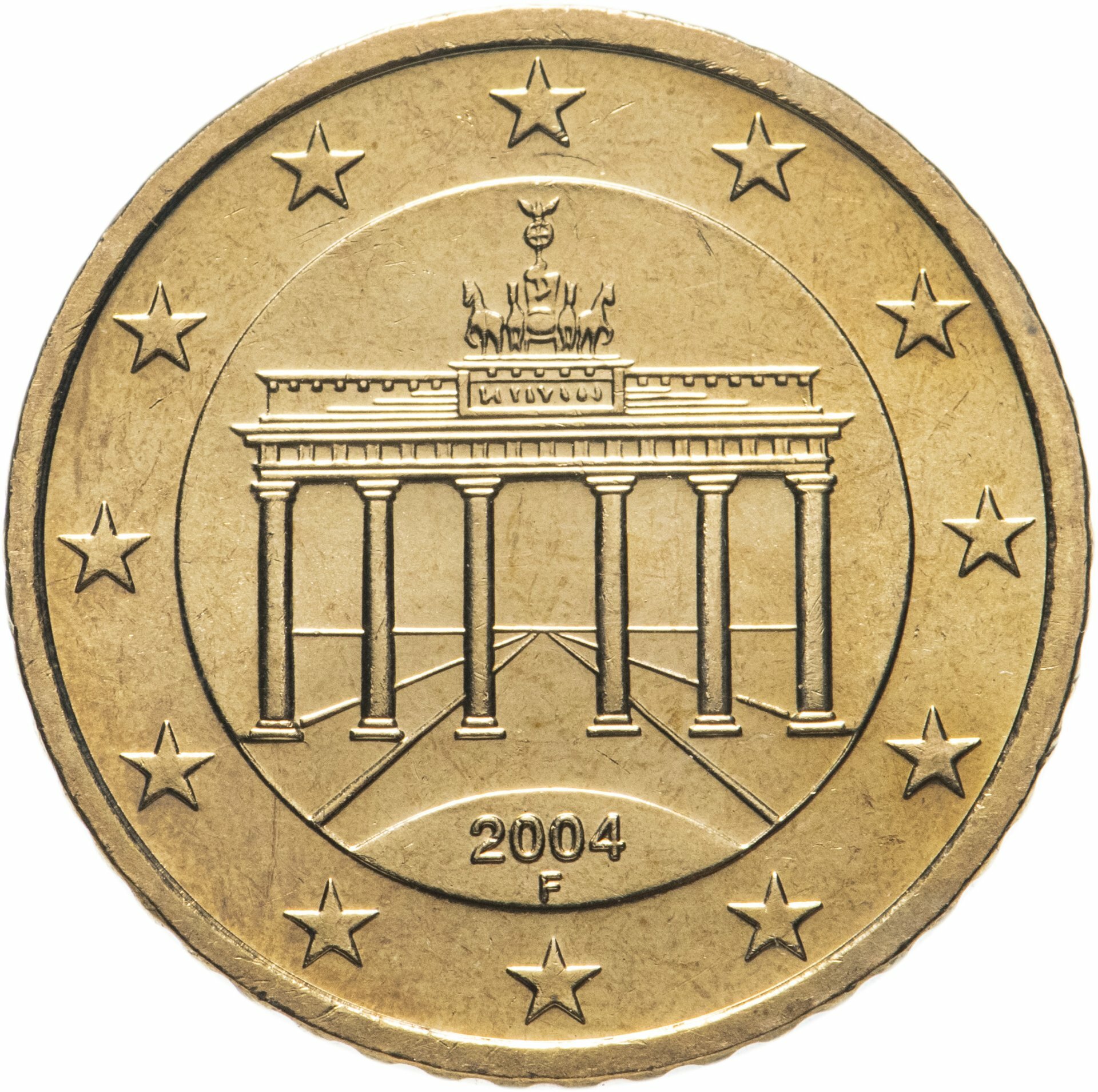 Германия 50 евроцентов cents 2004 F знак монетного двора: "F" - Штутгарт, Латунь, в сохранности UNC