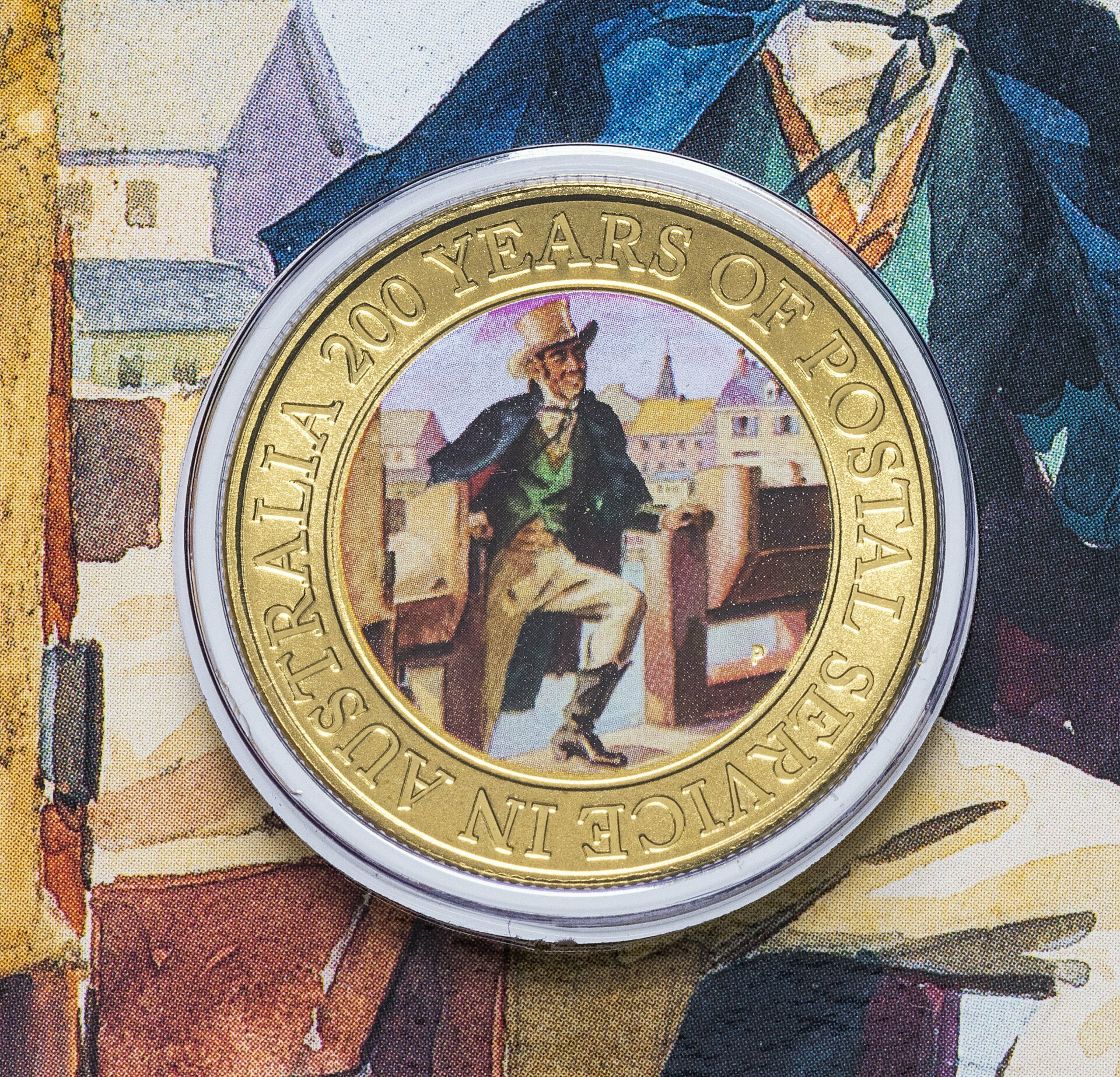 Австралия 1 доллар 2009 "200 лет Почте Австралии" в конверте, с маркой, Бронза, в сохранности UNC