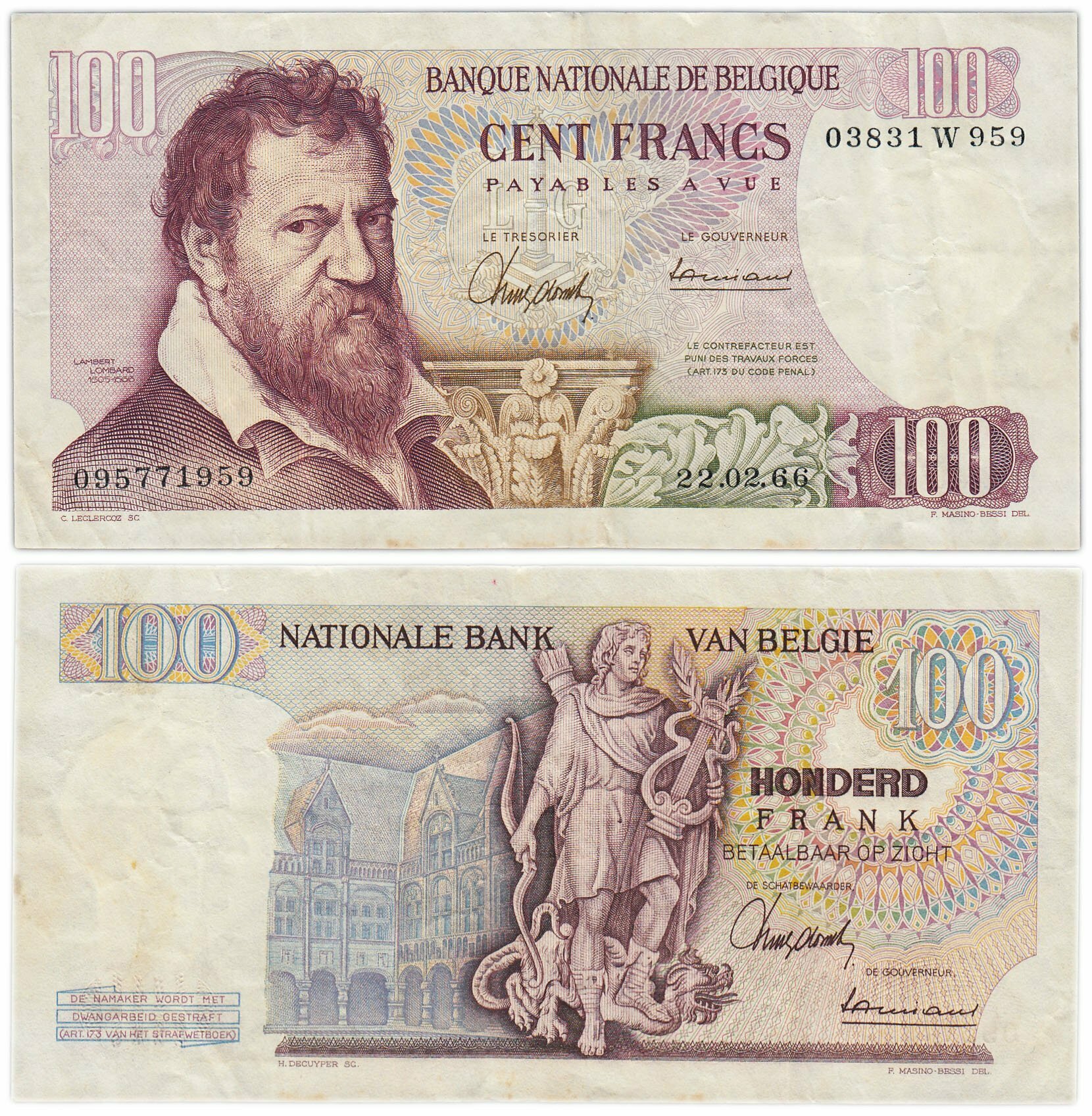 Бельгия 100 франков 1966 Pick 134a1