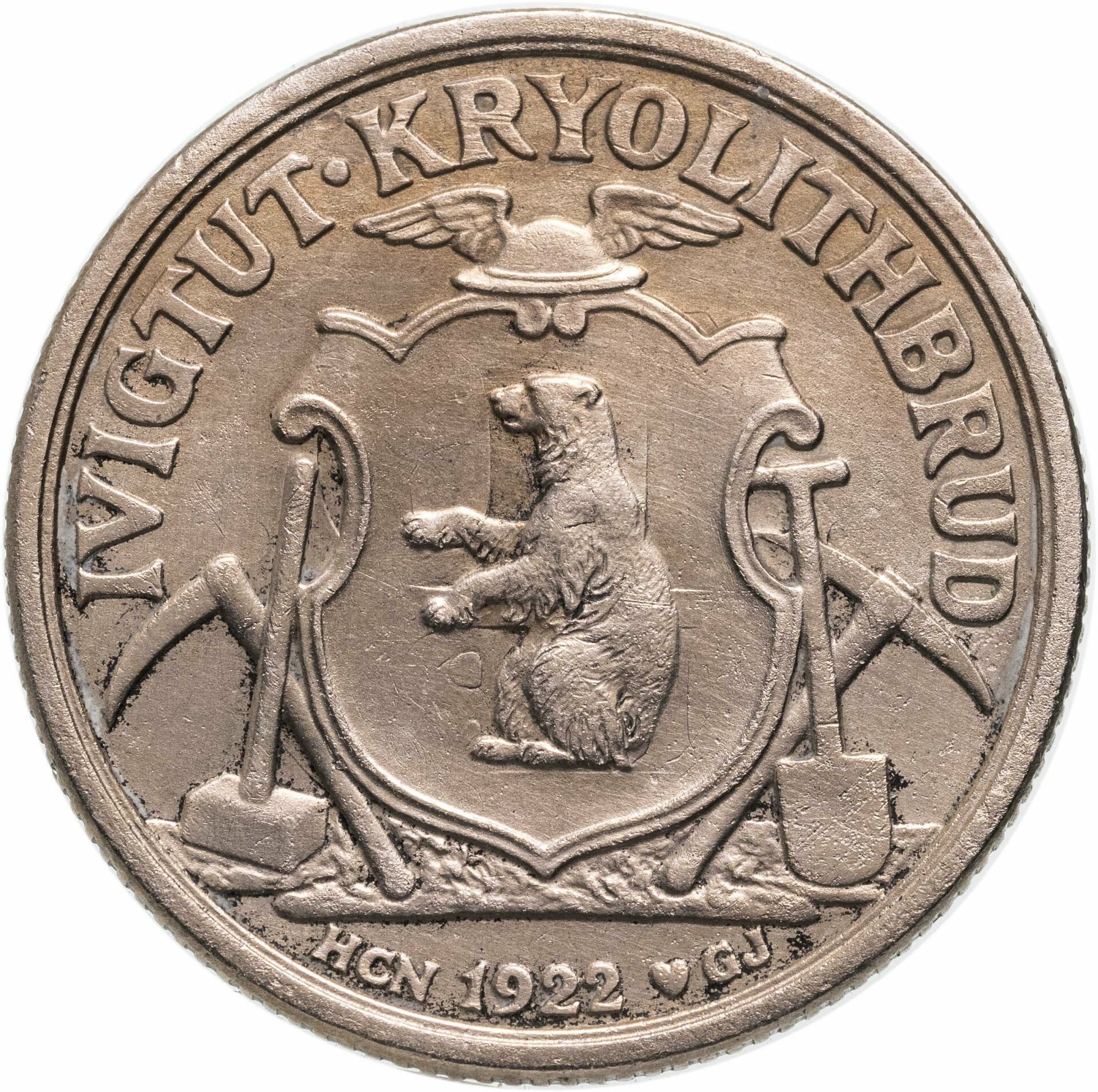 Гренландия 10 крон 1922 Криолитовые шахты Ивигтут, Мельхиор медь-никель, в сохранности XF