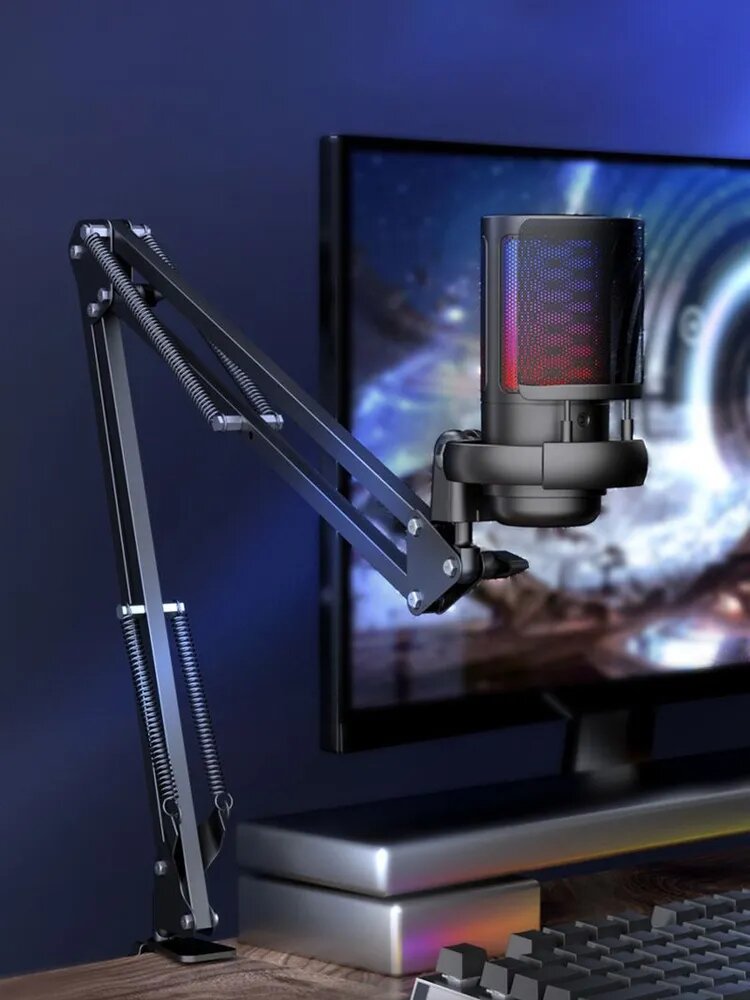 Студийный конденсаторный микрофон черный для стриминга с RGB подсветкой — фото 1