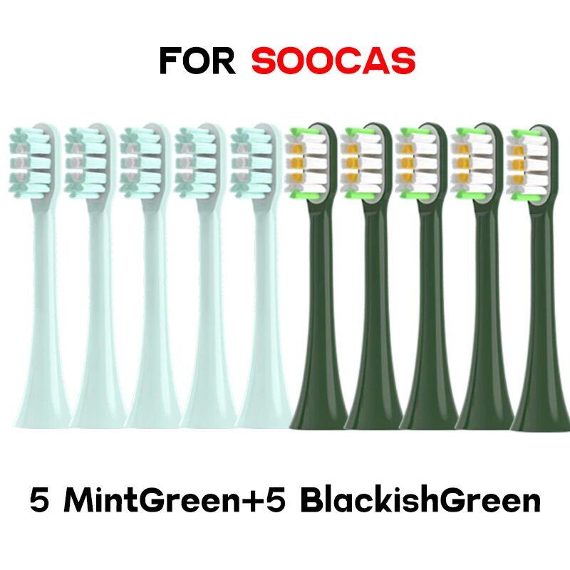 Насадки для зубной щетки SOOCAS, 10 шт, MintGreen+BlackishGreen