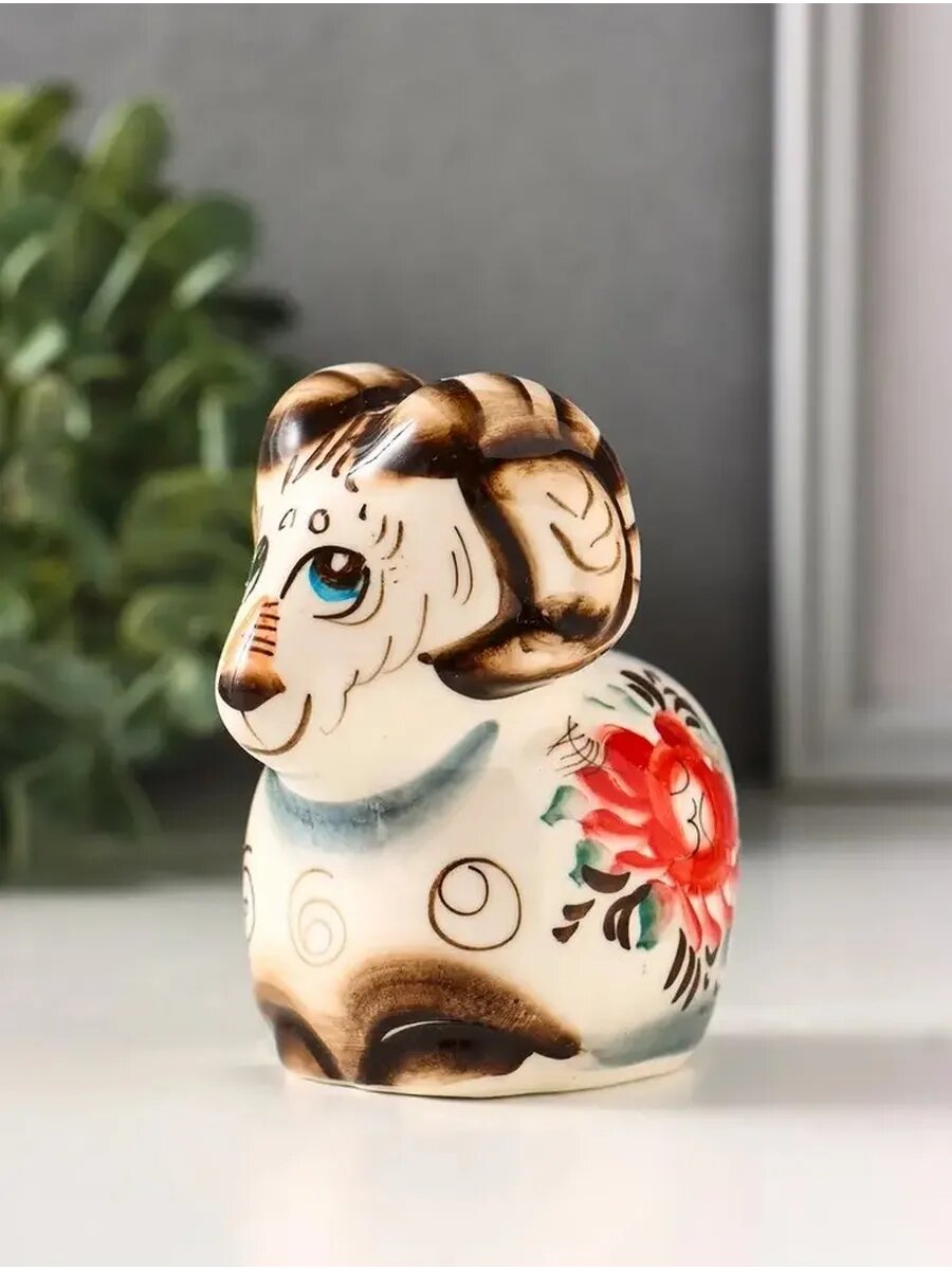 Фарфоровая фигурка Баран Лёня в гжели