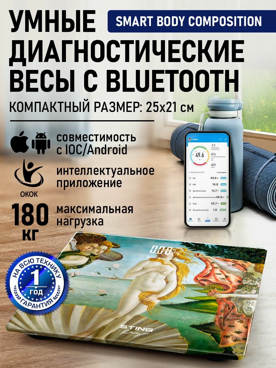 STINGRAY Умные весы напольные Smart Scale диагностические с функцией измерения параметров тела и Bluetooth, 25х21 см, Рождение Венеры