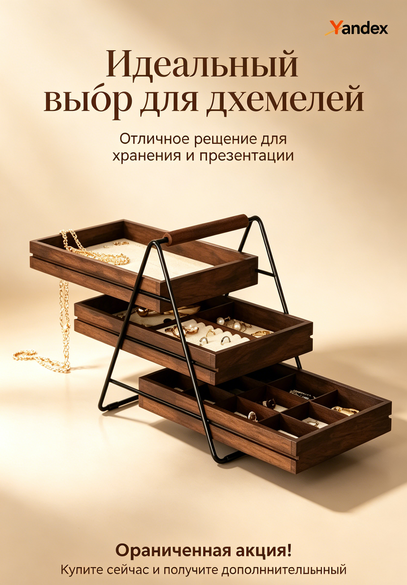 Шкатулка для украшений, 12 решеток, дерево/металл, шпон грецкого ореха, 17,5x25,5x20 см, Anderlen