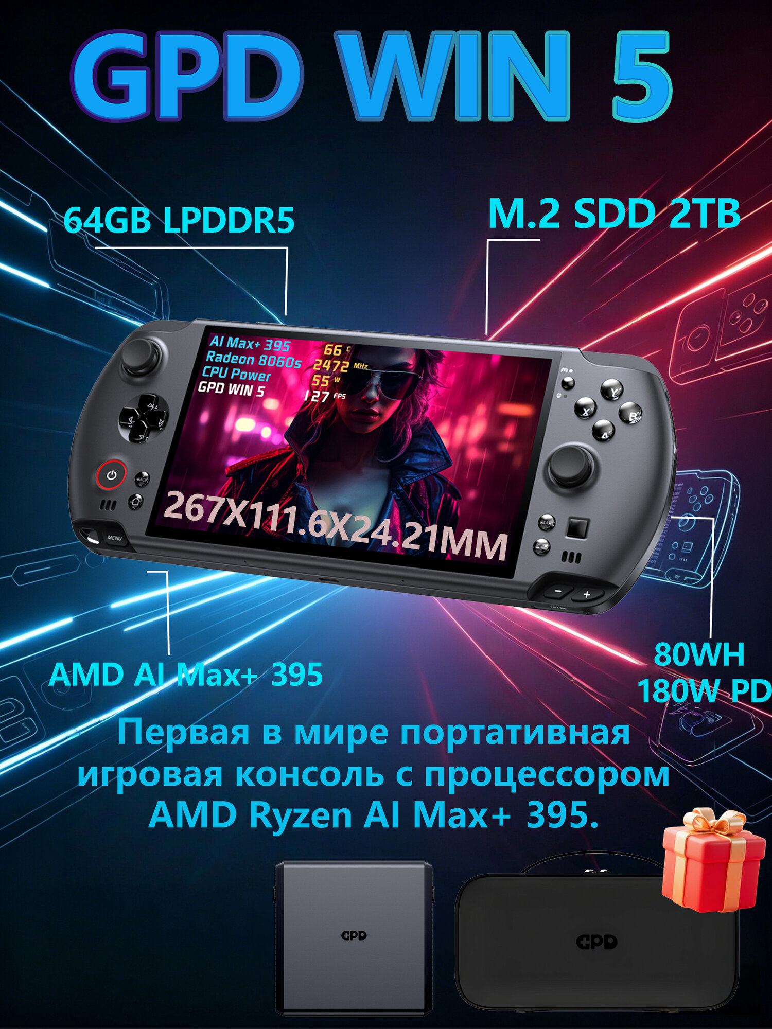 Игровой ноутбук GPD Gamepad WIN 5, 16-ядерный процессор AMD Ryzen, 64ГБ, SSD2048ГБ