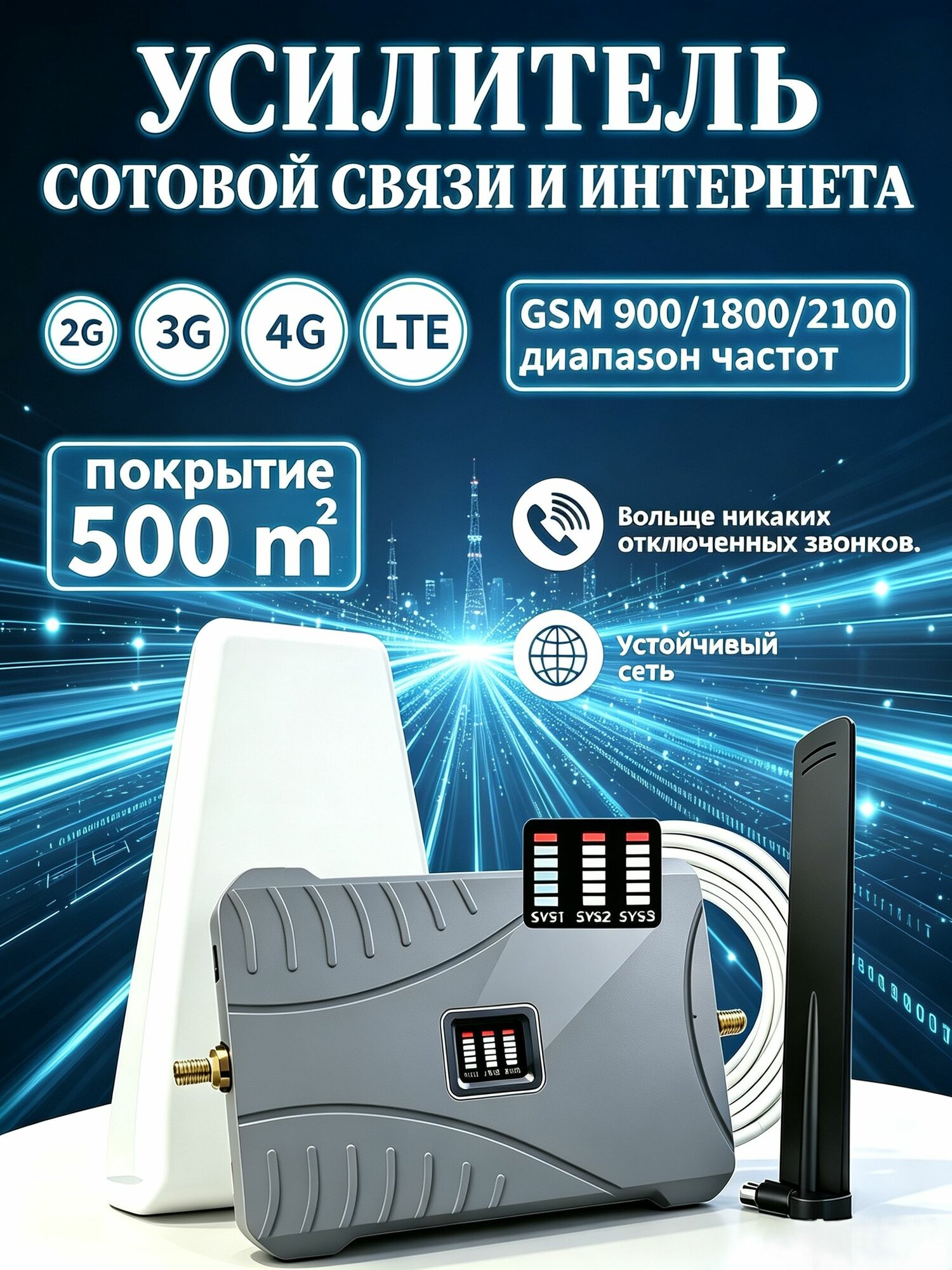 Усилитель сотовой связи-телефона 2G, 3G и 4G, 900 - 1800-2100 МГц -усилитель gsm сигнала