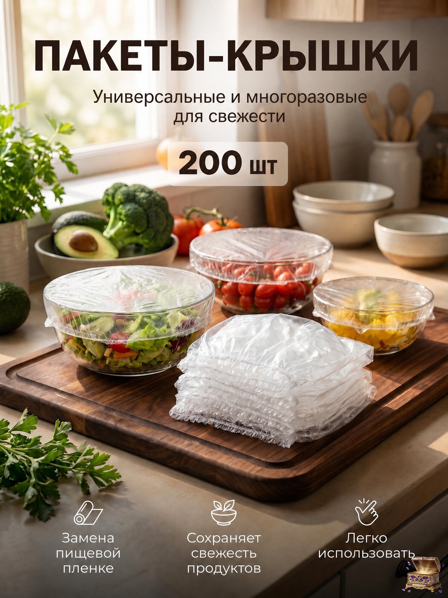 Полиэтиленовые пищевые прозрачные пакеты шапочка для посуды и еды, 200шт