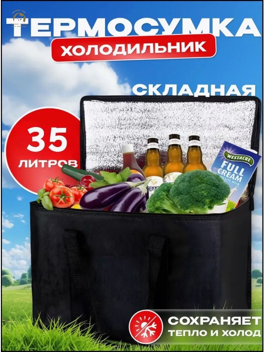 Термосумка-холодильник, 35 литров: большая складная изотермическая сумка для пикника, еды и напитков. Водонепроницаемая, черная, для замороженных продуктов и пляжа (41х26х33 см).
