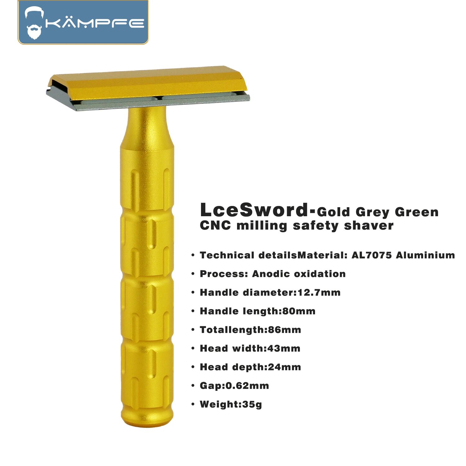 Безопасная бритва KAMPFE IceSword, Gold Grey green, AL7075