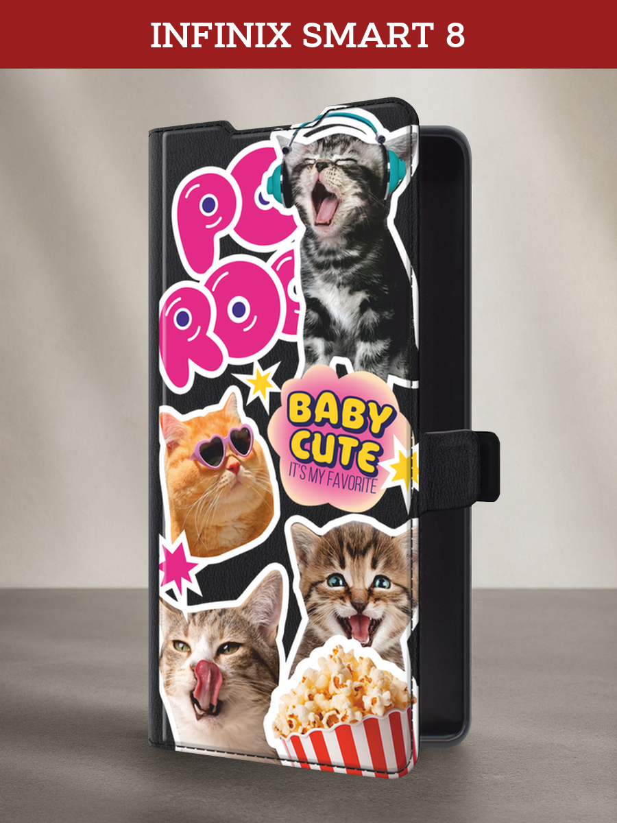 Чехол-книжка на Infinix Smart 8/8 HD/HOT 40i / Инфиникс Смарт 8/8 HD/Хот 40i с принтом Popcorn cats, черный