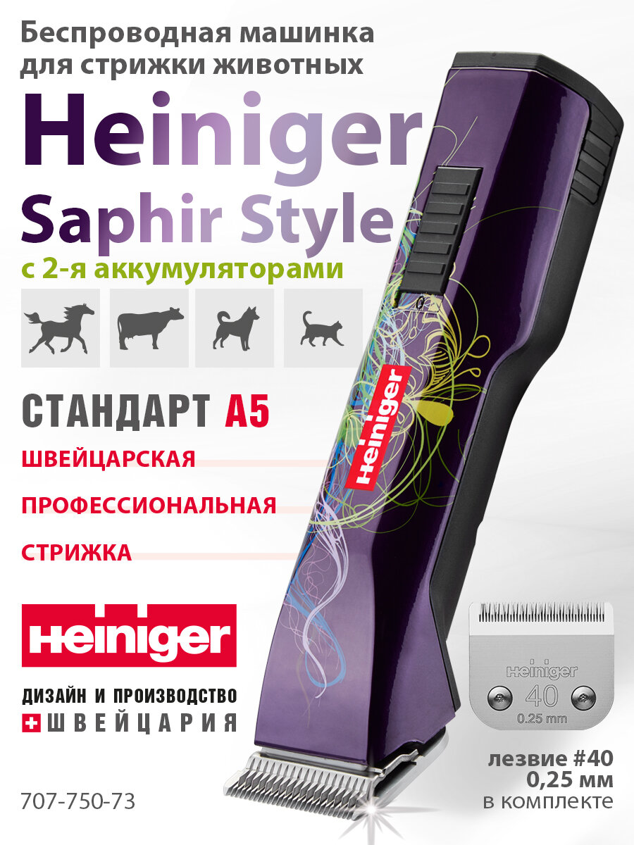 Профессиональная машинка Saphir Style для стрижки животных, собак, кошек с 2-я аккумуляторами и лезвием #40 0,25 мм