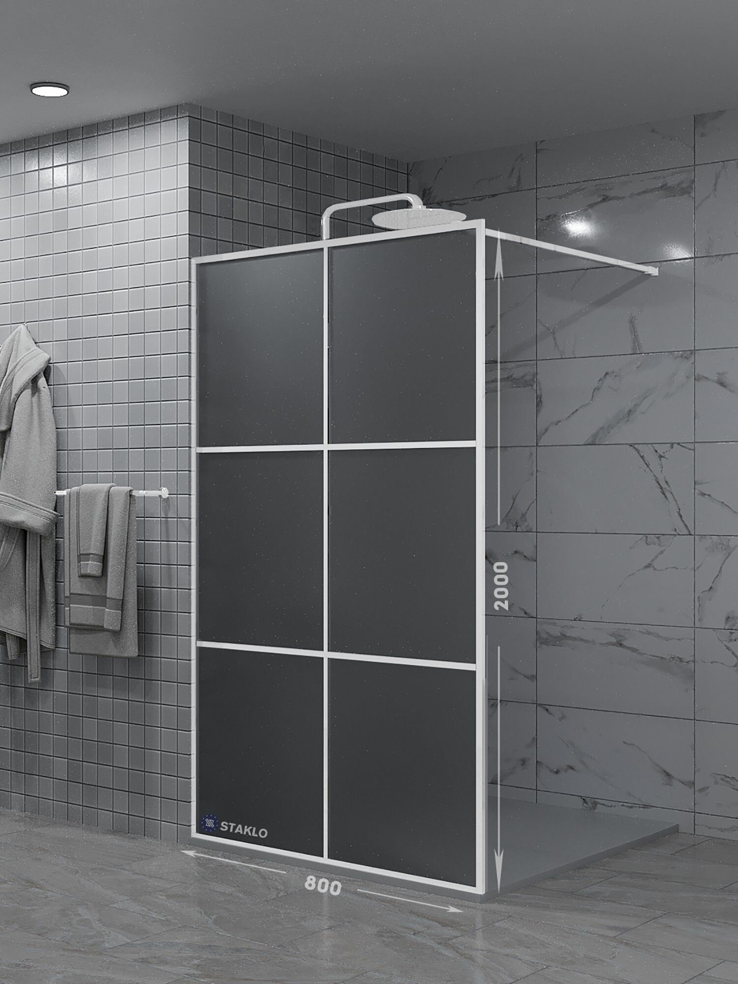 Loft душевая одиночная перегородка staklo 80x200 из серого графит матового стекла белая фурнитура