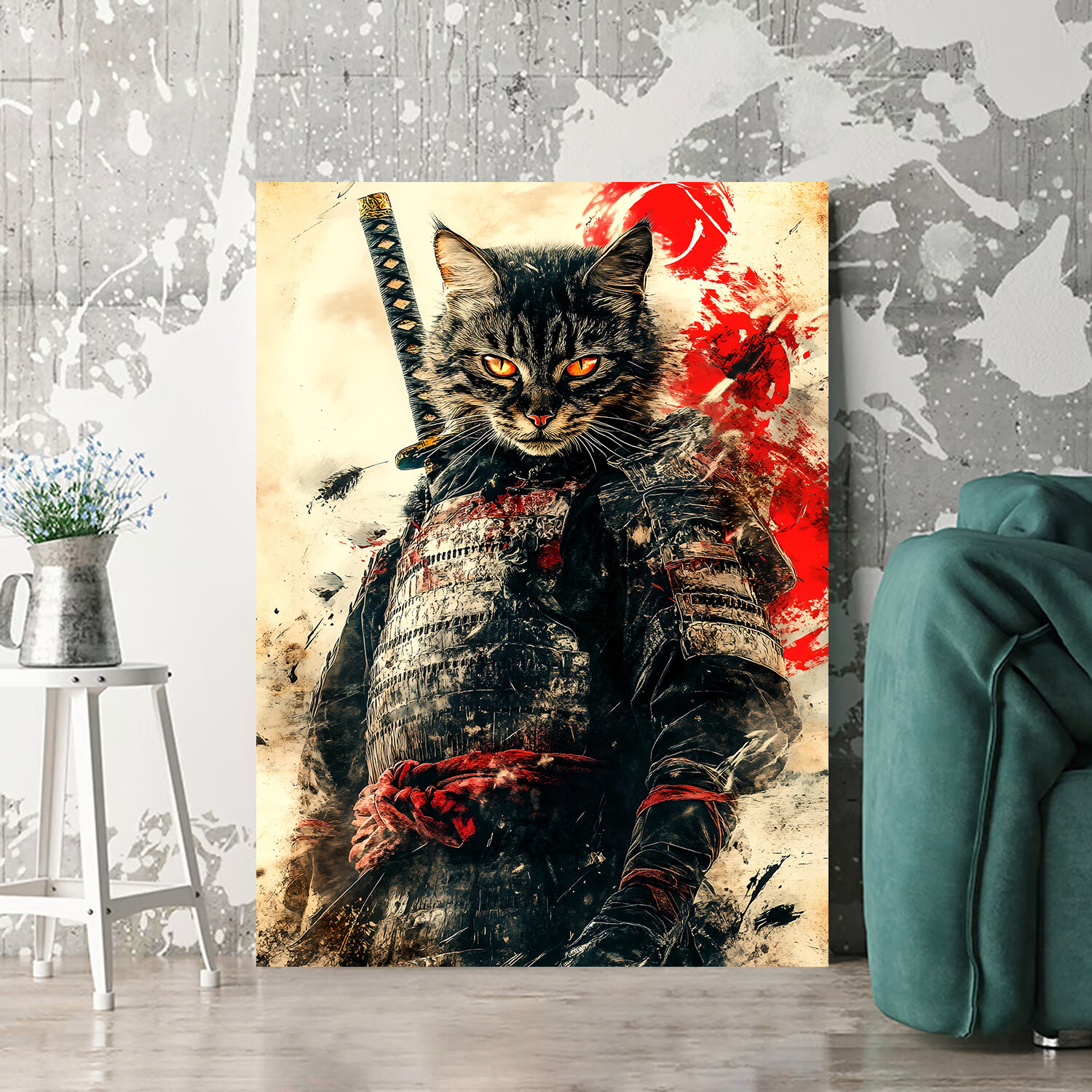 Картина на холсте - "Кот самурай, японский стиль", 40х60 см.
