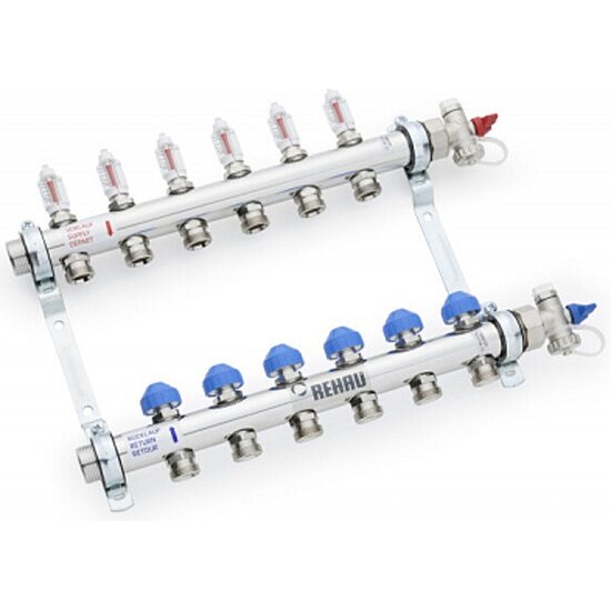 Коллектор Rehau 1", HKV-D 6, выход-3/4" ЕК, PN, бар-6, T°C +70, с шаровыми кранами и расходомерами, нержавеющая сталь