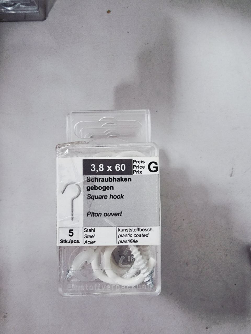 Шуруп крюк-крепежный белый 3,8*60 (5шт-1уп*5 упк) Германия, Reisser