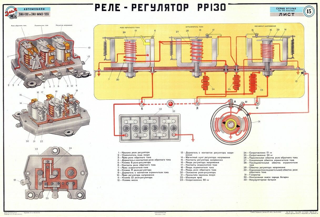 ЗИЛ-130 и ЗИЛ-ММЗ-555 реле - регулятор РР130, плакат №15 из комплекта, 1963 г. в_А1_015.