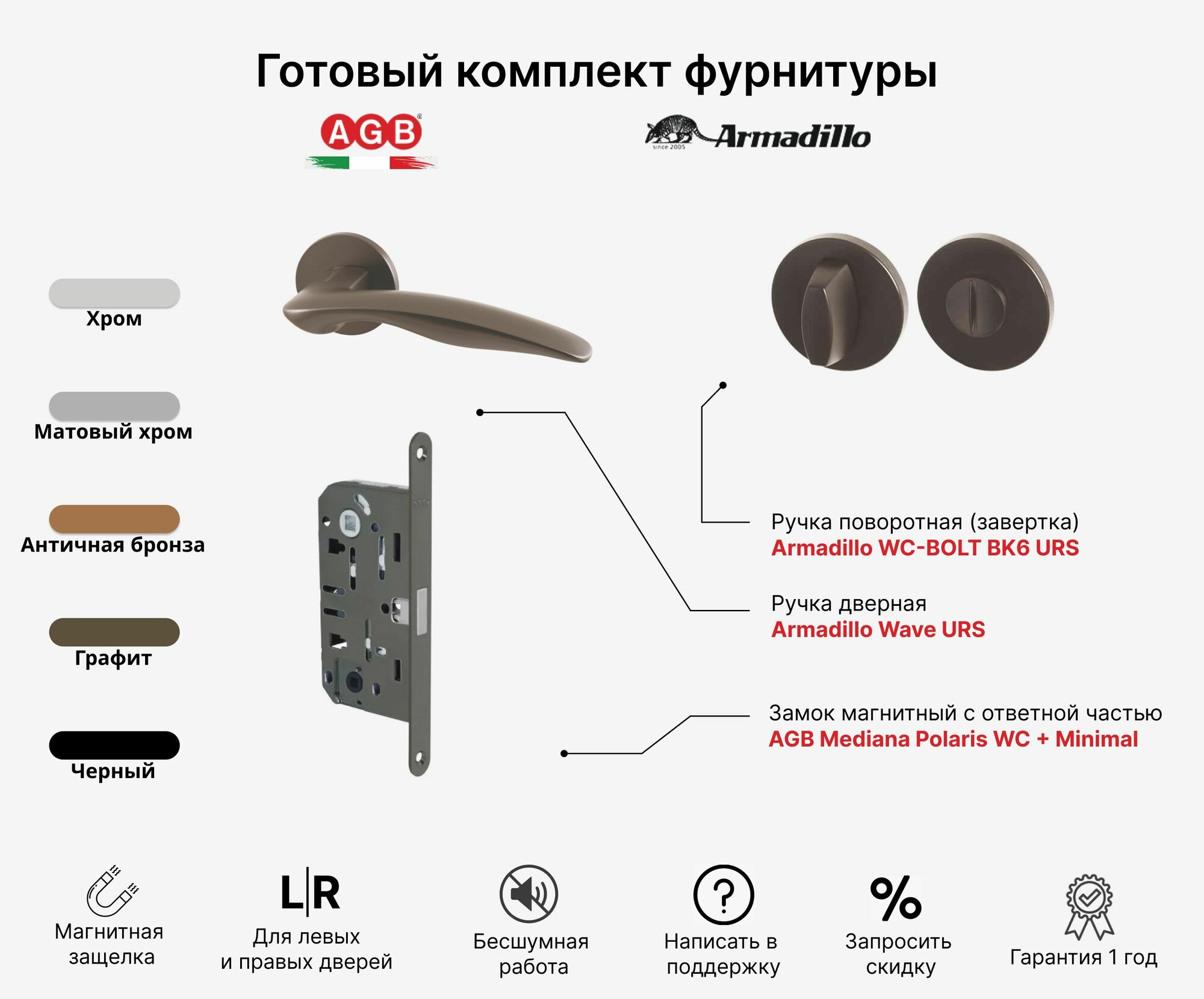 Комплект Ручка дверная Armadillo WAVE URS BPVD-77 + Замок магнитный AGB Mediana Polaris с отв. планкой, Воронёный никель