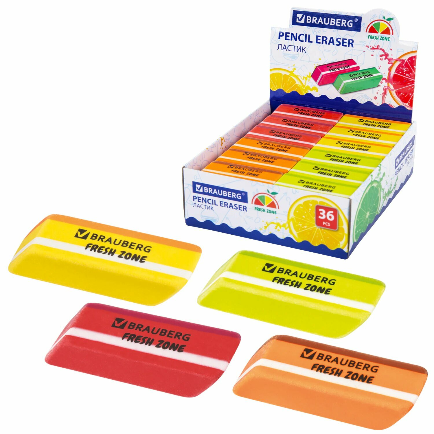 Ластик большой BRAUBERG "Fresh Zone", 60х18х12 мм, цвет ассорти, прямоугольный, скошенный, 228717 (цена только за 1 шт.)