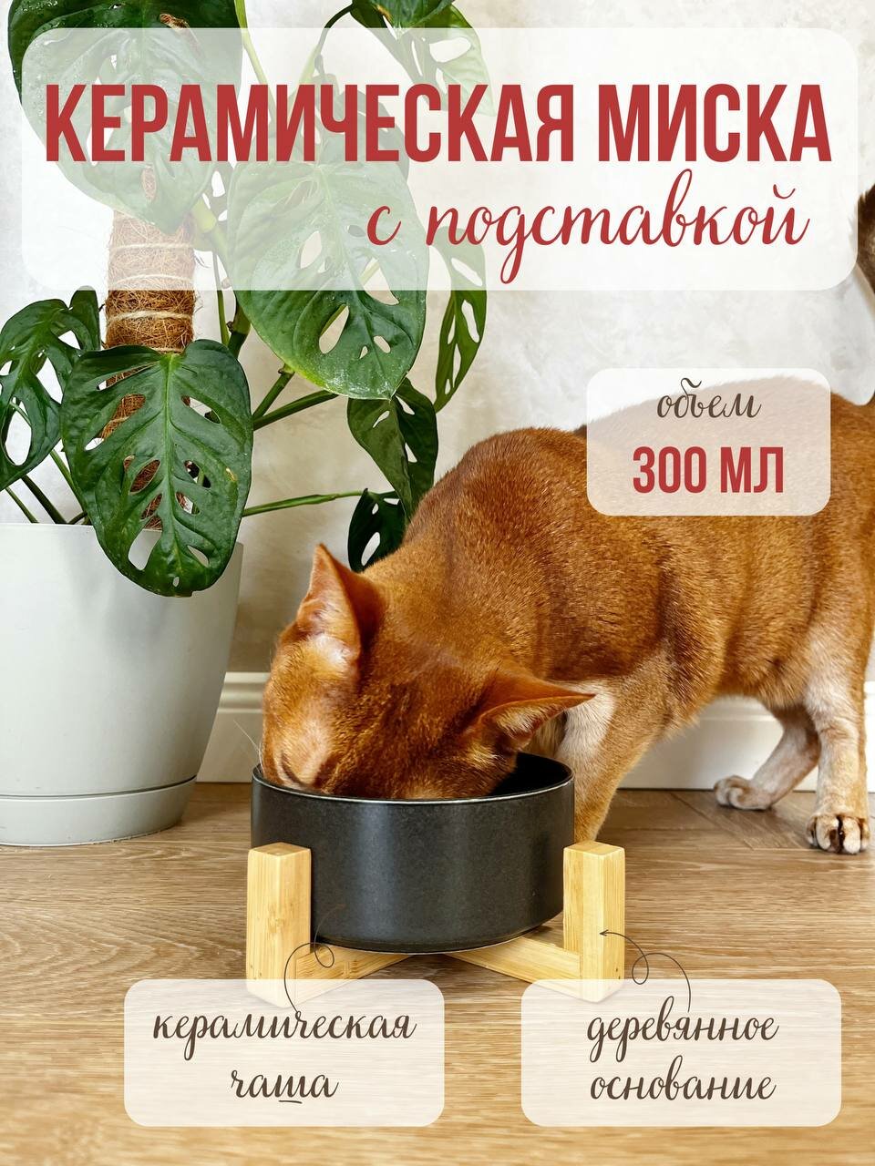 Миска Qalla, керамическая, с бамбуковой подставкой, для кошек/собак/грызунов, 300мл