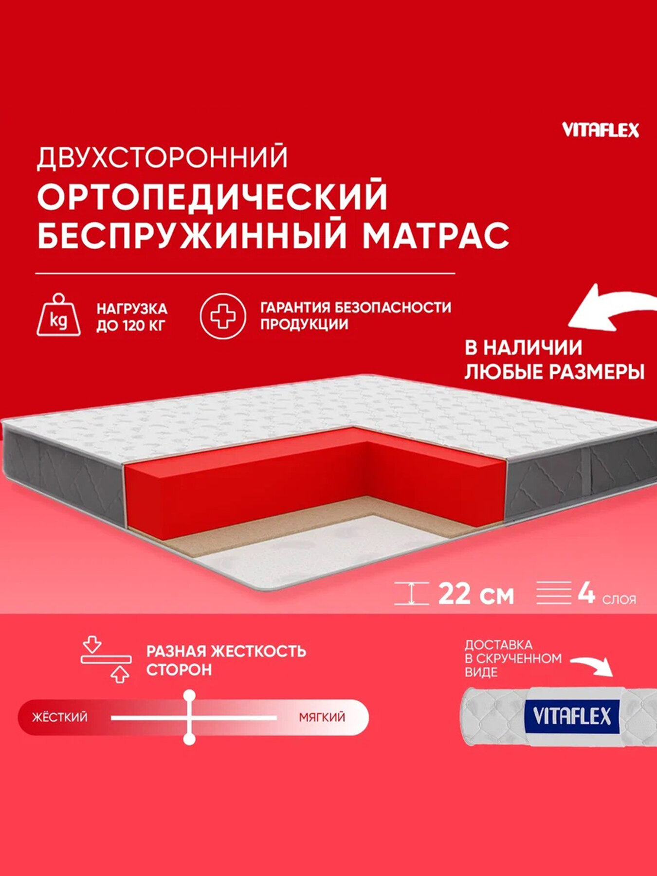 Матрас ортопедический 120х200 Vitaflex Anatomic V Sk беспружинный, с кокосом, разная жесткость, в рулоне