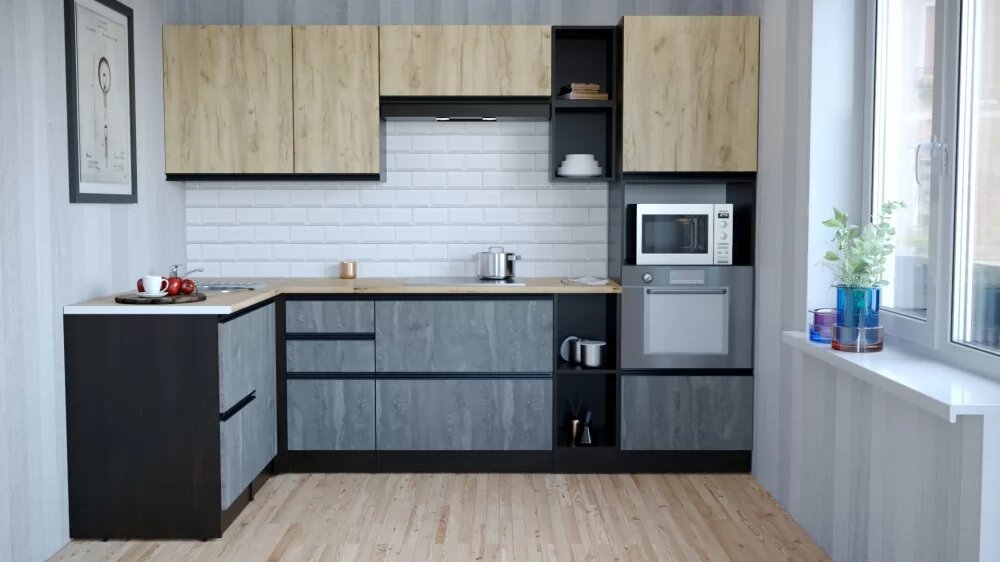 Кухонный гарнитур Герда Адажио мега прайм 1500х2700 мм, каркас ЛДСП, фасад ЛДСП, Венге/Дуб золотой/Бетон темный