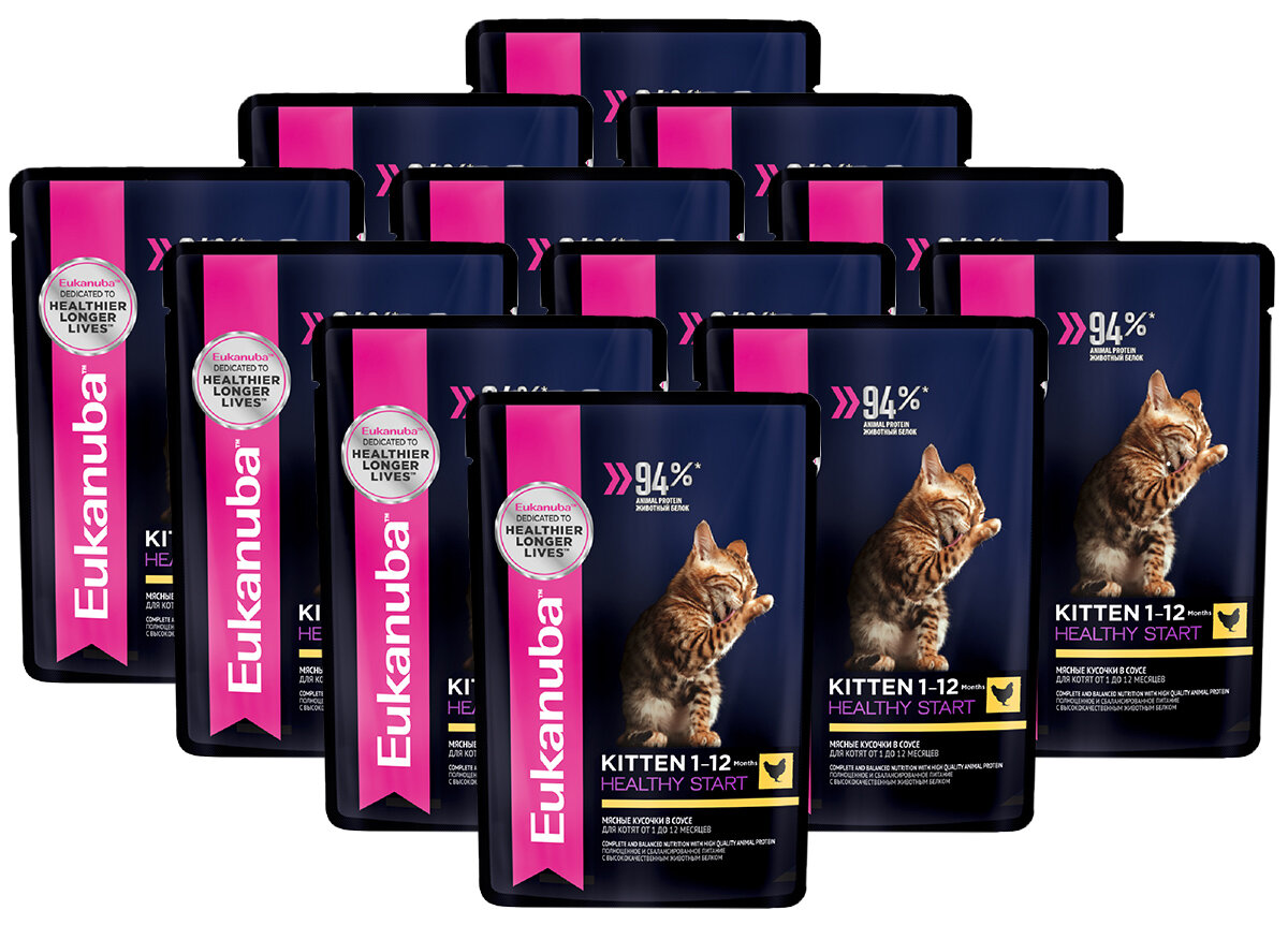 Влажный корм Eukanuba Kitten для котят с курицей в соусе пауч, 85 г 12 шт