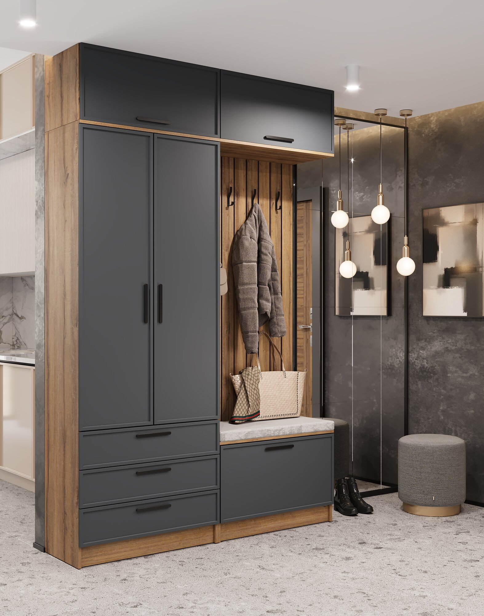 Прихожая Стиль 1.6 метра. МДФ. Модульная. Дуб Вотан/графит серый