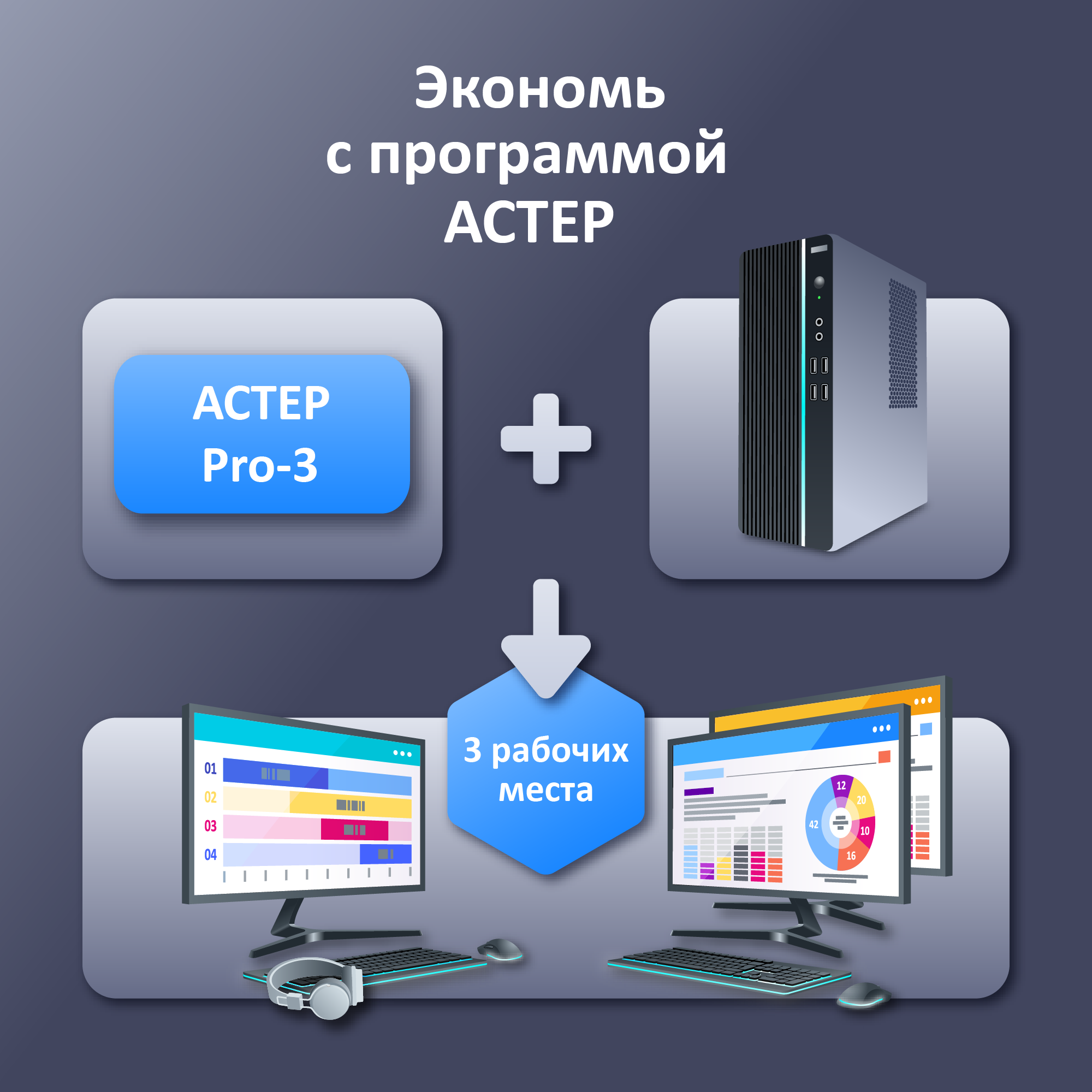 Три пользователя за одним компьютером одновременно. Бессрочная лицензия Астер Pro-3 для создания 3 рабочих мест