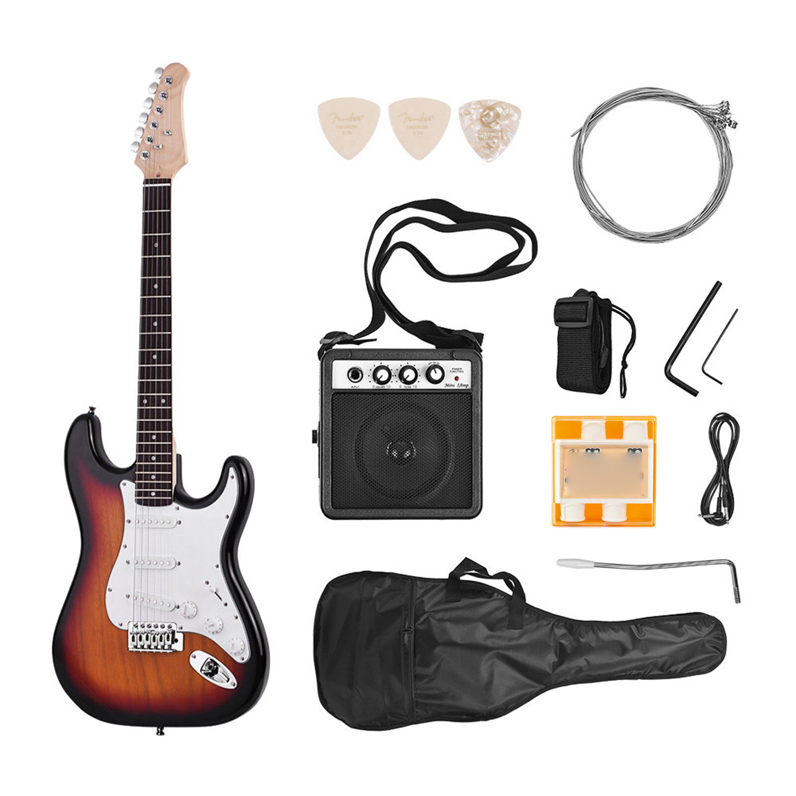 Электрогитара, 22 лада, 3 сингловых звукоснимателя, для правой руки, массив дерева, с чехлом для динамика.