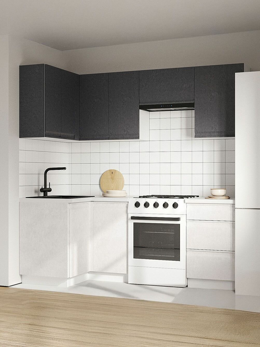 Кухонный гарнитур Велюр 210х100 см, мебель для дома и кухни, Белый / Бетон графит / Бетон снежный