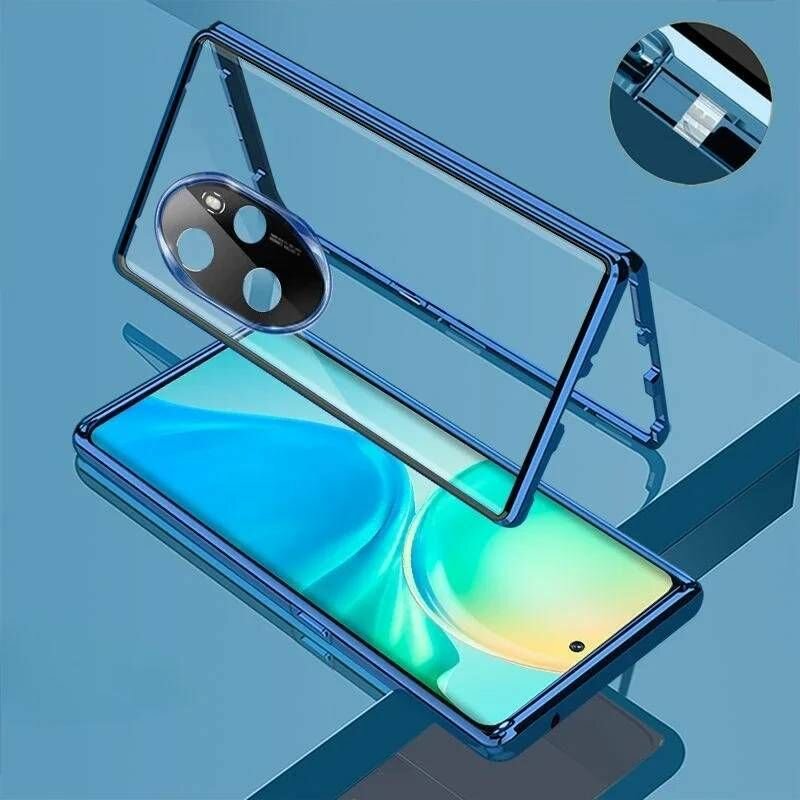 Чехол для Huawei honor 90(Хонор 90), с Магнитный Металлобампер, Закаленное Стекло и Защита Камеры, Чехлы для телефонов, Синий